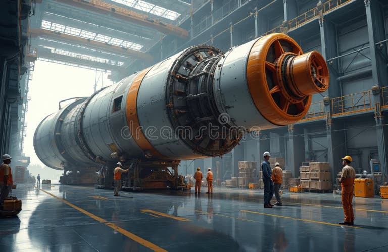 Engineers Work at Space Rocket Assembly Plant Building Large Spacecraft ...