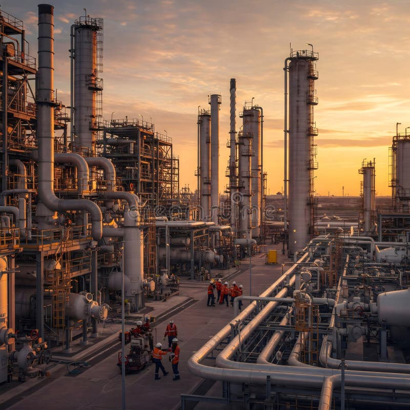 Engineers Working at Refinery Plant during Sunset Stock Illustration ...