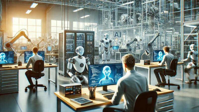 Engineers Working on Advanced AI Robots in High-Tech Robotics Lab Stock Illustration ...