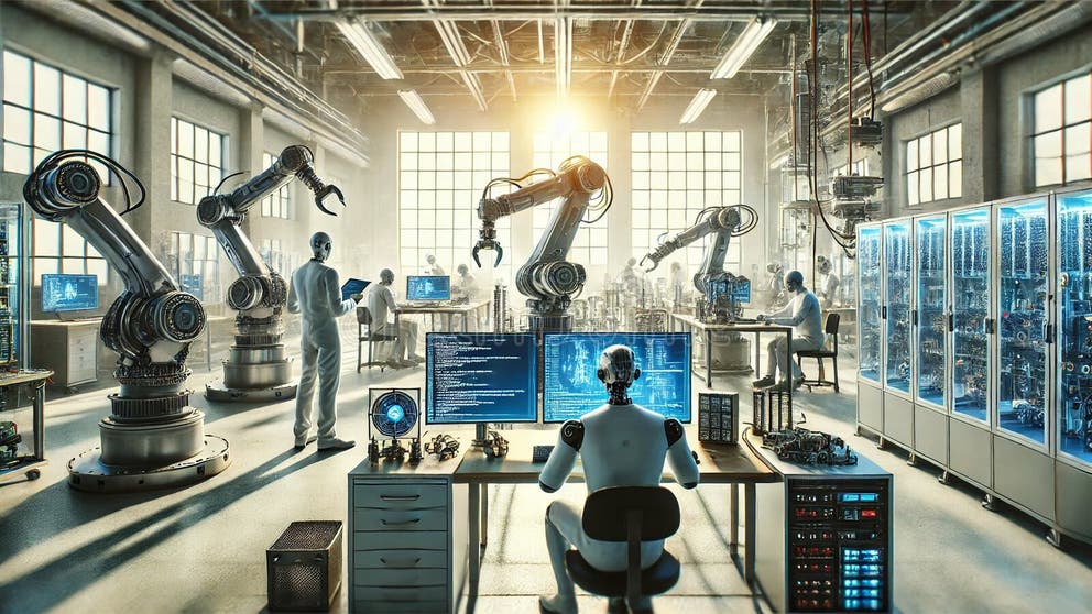 Engineers Working on Advanced Robots and AI Systems in High-Tech Robotics Lab Stock Illustration ...