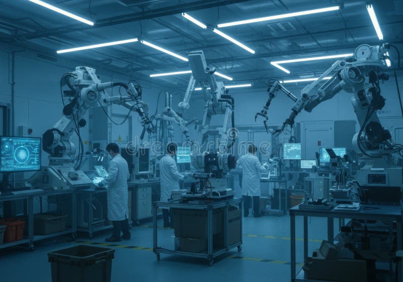 Engineers Working with Advanced Robots in a Modern Factory Stock ...