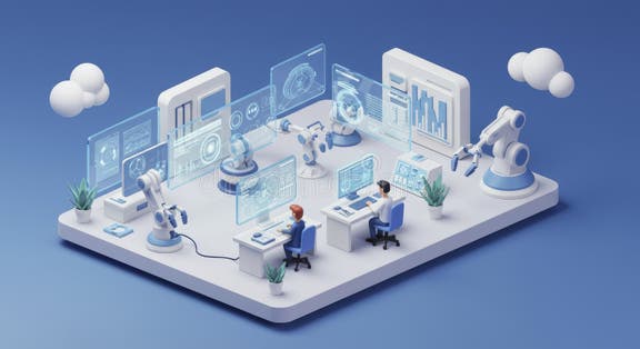 Engineers Working with Automated Robots and Virtual Reality Platform ...