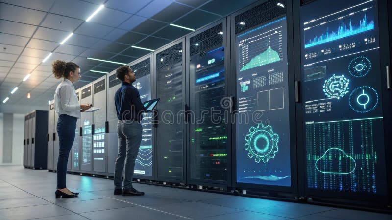 Engineers Working in Data Center with Advanced Digital Interfaces and ...
