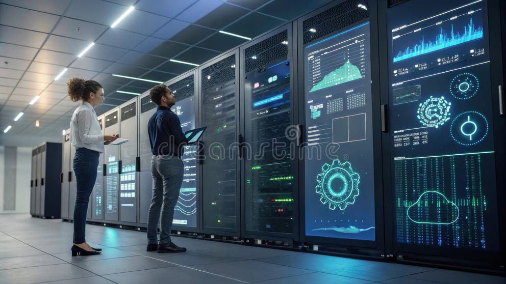 Engineers Working in Data Center with Advanced Digital Interfaces and ...
