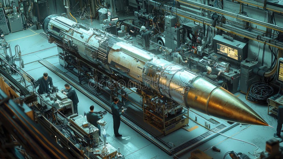 Engineers Working on Large Rocket in Industrial Facility Stock ...