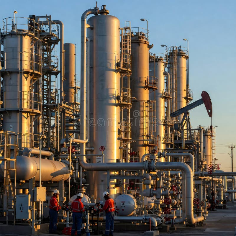 Engineers Working at Gas Processing Plant during Sunset Stock ...