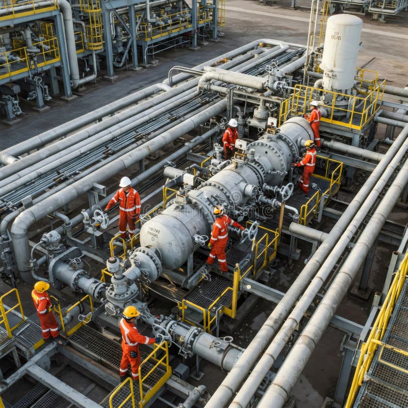 Engineers Maintaining Large Industrial Pipes and Tanks at Refinery ...