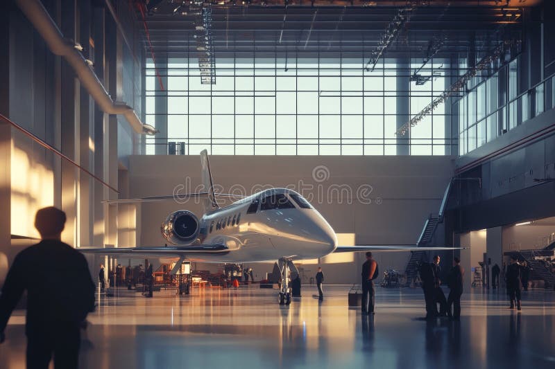 Engineers Working on a Private Jet Inside an Aircraft Hangar Stock ...