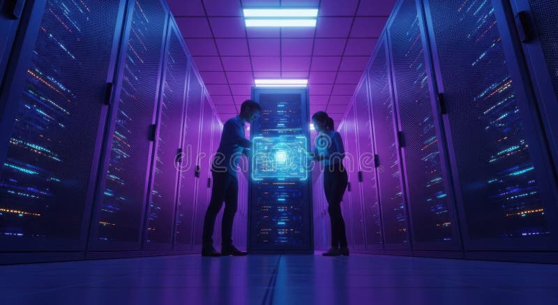 Engineers Working in a Server Room with Blue Lighting Stock Illustration - Illustration of ...