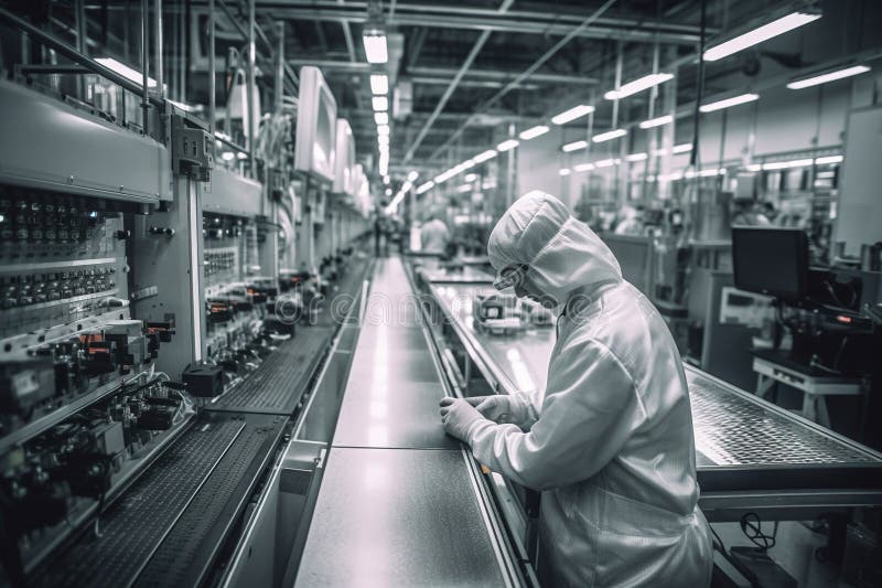 Engineers Workings in a Microchip or Semiconductor Factory. Generative ...