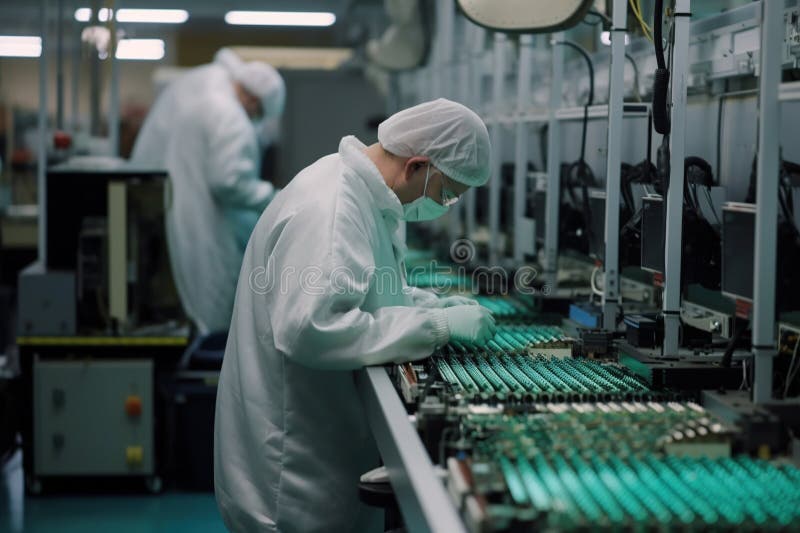Engineers Workings in a Microchip or Semiconductor Factory. Generative ...