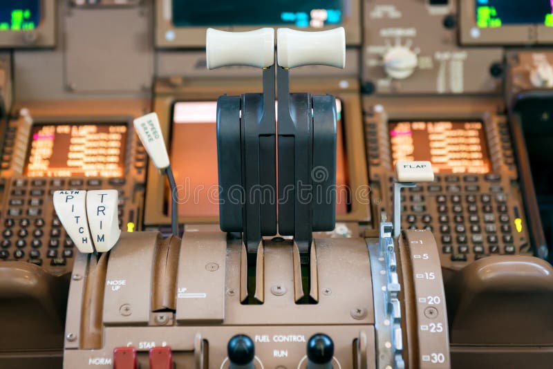 Engines Thrust Levers Inside a Big Jet Plane Stock Photo - Image of ...