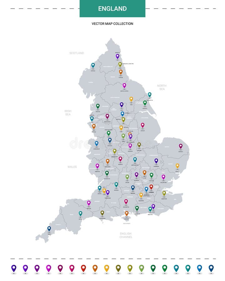 England Map with Location Pointer Marks. Stock Vector - Illustration of ...