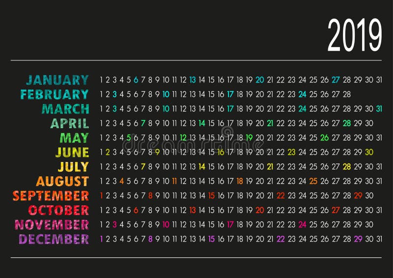 Englischer Kalender 2019 vektor abbildung. Illustration von auslegung ...