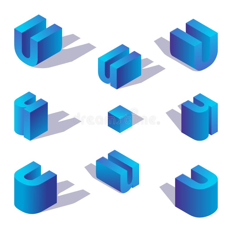 English Alphabet. Isometric Letter U with Shadow Drawn with Blue ...