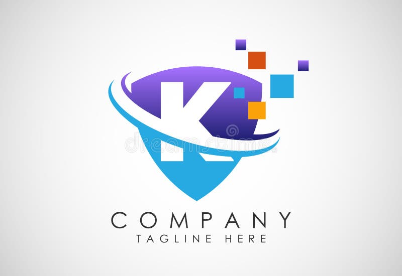 English Alphabet K with Shield, Swoosh and Data Pixel. Creative ...