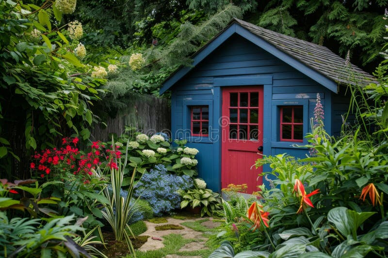 English Back Garden with Shed Amongst the Plants Stock Photo - Image of ...