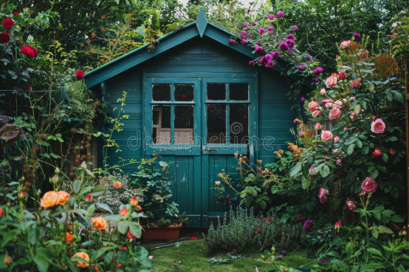 English Back Garden with Shed Amongst the Plants Stock Photo - Image of ...
