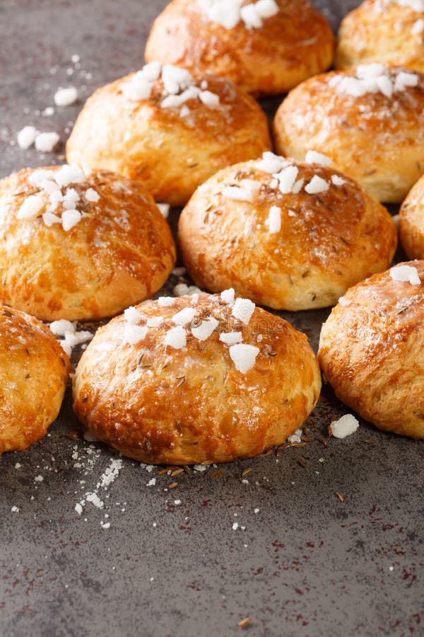 English Bath Buns Roll with Cumin and Sugar Close-up. Vertical Stock ...