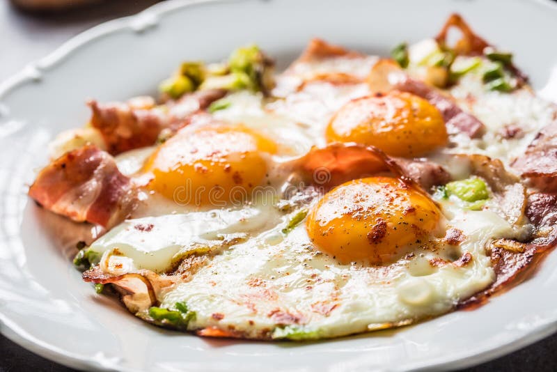 English Breakfast Fried Bacon Ham and Eggson White Plate Stock Image ...