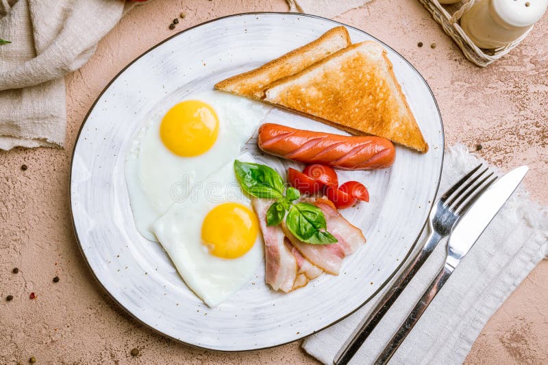 English Breakfast on a Plate with Bacon Top View Stock Image - Image of ...