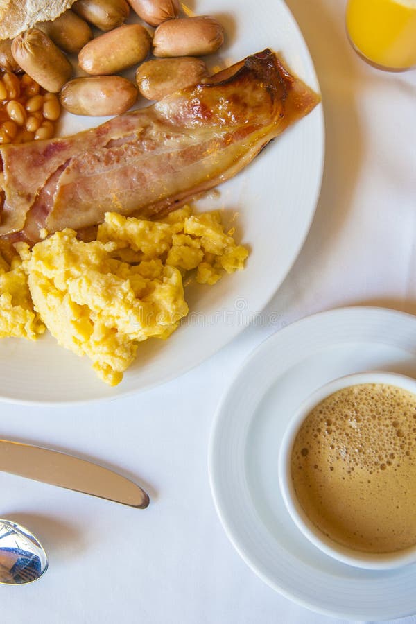 English Breakfast on a Plate with Bread, Orange Juice and and Co Stock ...
