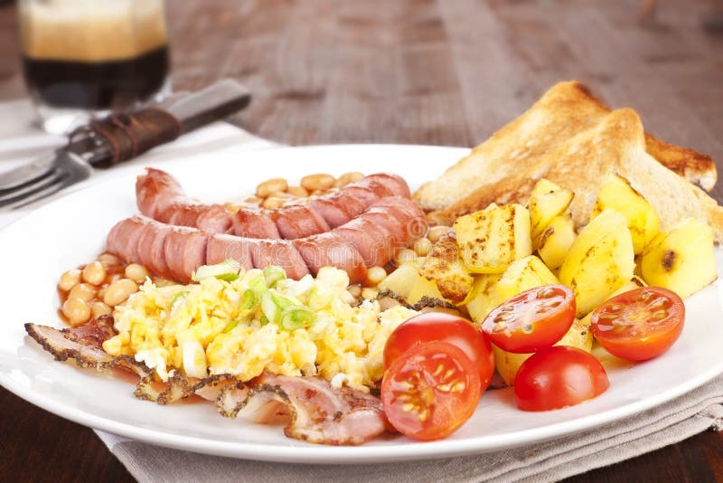 English Breakfast with Scrambled Eggs and Sausages Stock Image - Image ...
