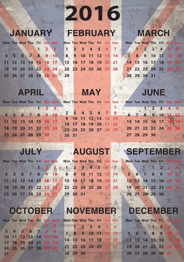 English calendar 2016 stock illustration. Illustration of europe - 60527805