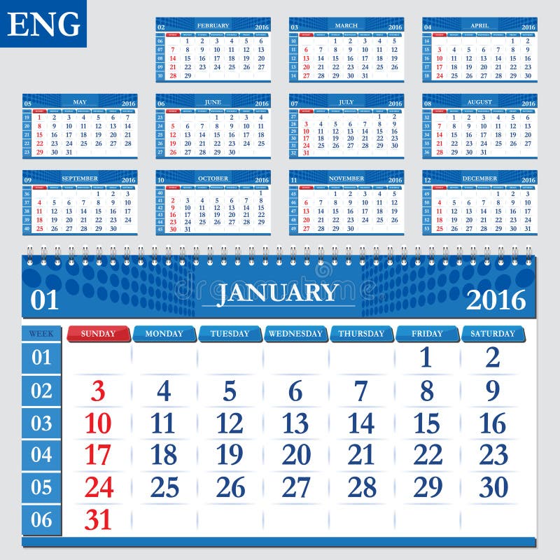 English calendar 2016 stock vector. Illustration of england - 50920003