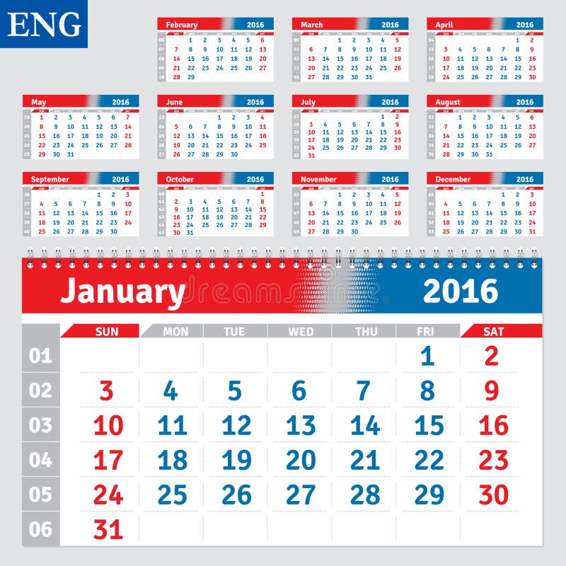 English calendar 2016 stock vector. Illustration of european - 54606511