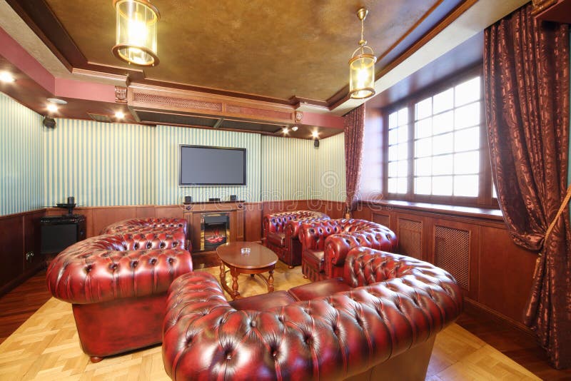 English Cigar Room with Red Leather Armchairs Stock Image - Image of ...