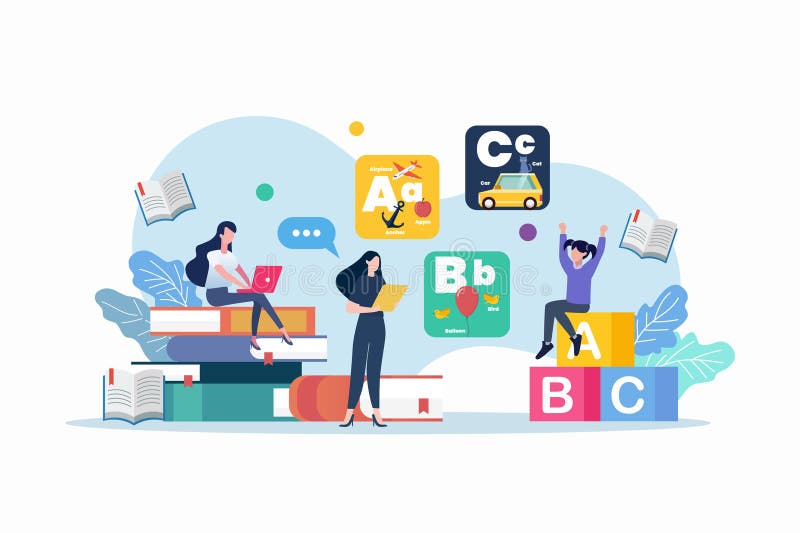 English Class Scene with Miniature People. Vector Illustration Stock ...