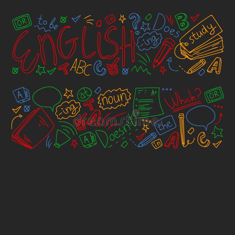 English Courses. Doodle Vector Concept Illustration of Learning English ...