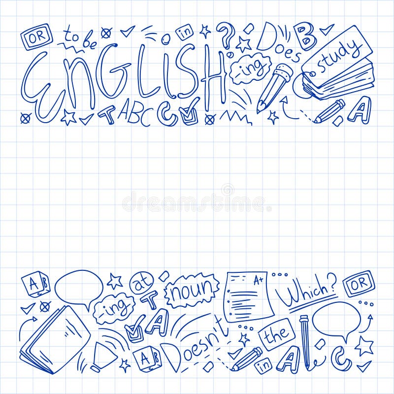 English Courses. Doodle Vector Concept Illustration of Learning English ...