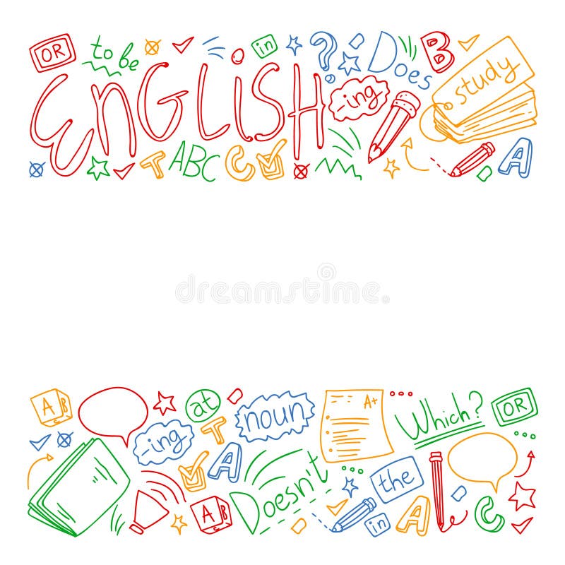 English Courses. Doodle Vector Concept Illustration of Learning English ...