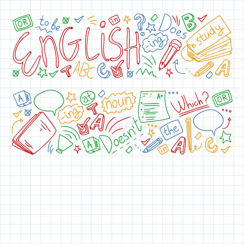 English Courses. Doodle Vector Concept Illustration of Learning English ...