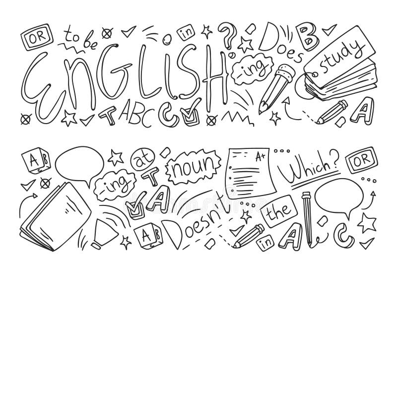 English Courses. Doodle Vector Concept Illustration of Learning English ...