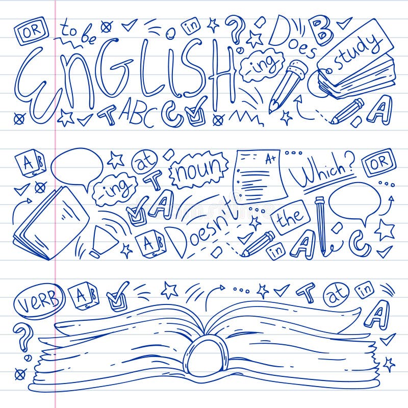 English Courses. Doodle Vector Concept Illustration Of Learning English ...