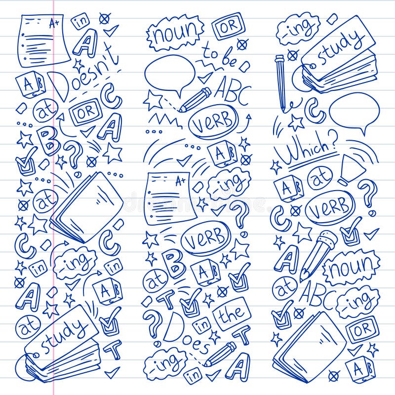 English Courses. Doodle Vector Concept Illustration of Learning English ...