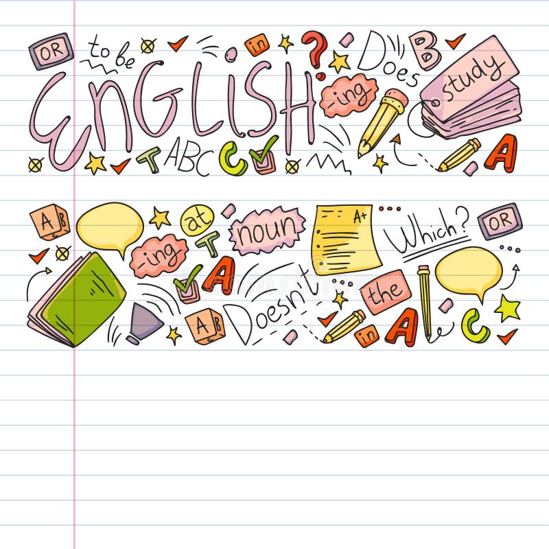 English Courses. Doodle Vector Concept Illustration of Learning English ...
