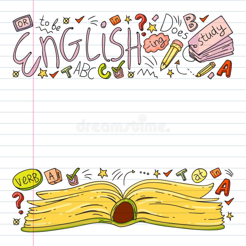 English Courses. Doodle Vector Concept Illustration of Learning English ...