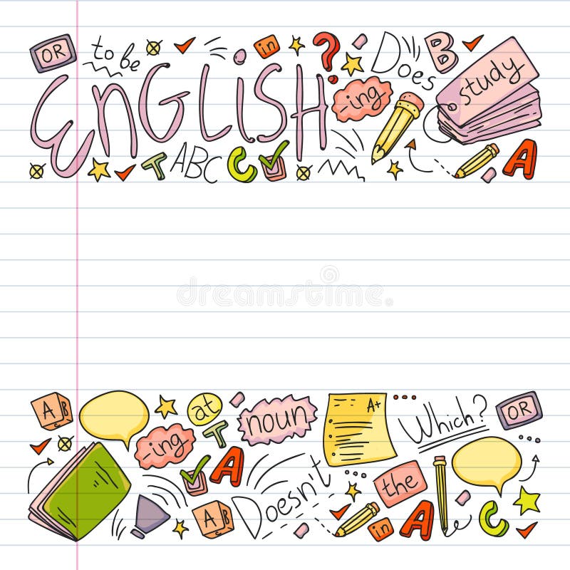 English Courses. Doodle Vector Concept Illustration of Learning English ...