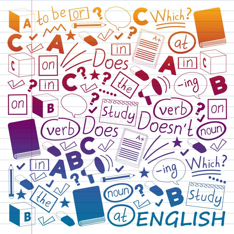 English Courses. Doodle Vector Concept Illustration of Learning English ...