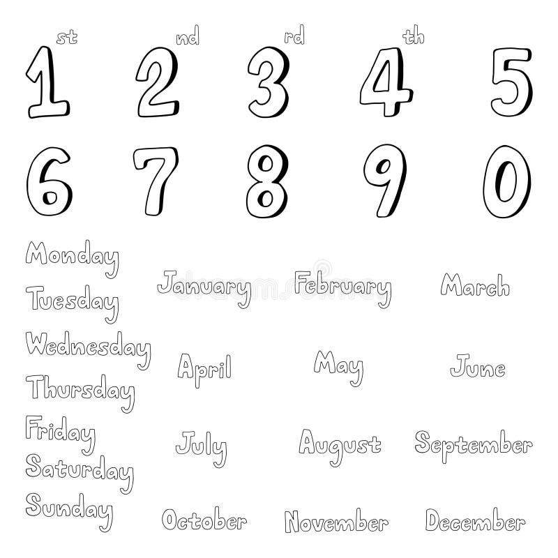 English Date Day and Month Hand Drawn Outline Stock Vector ...