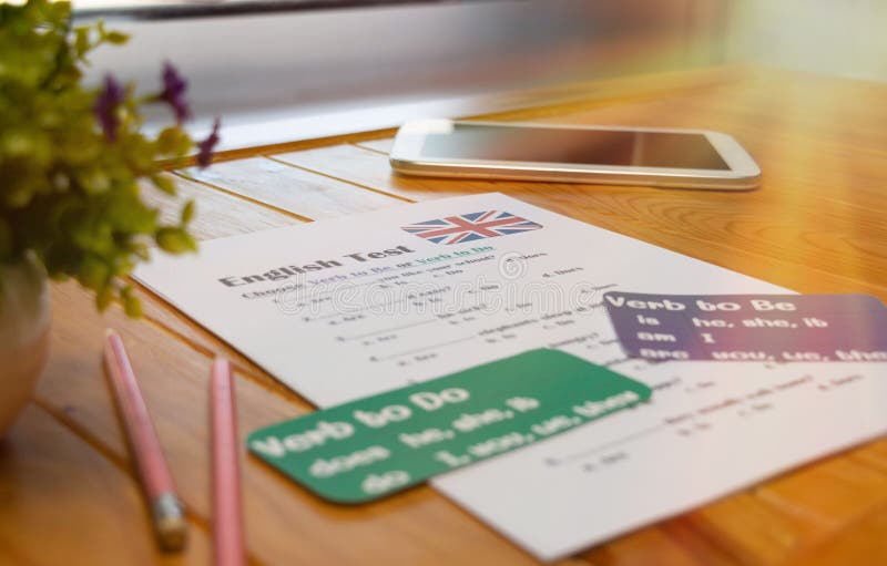 English Grammar Test on Table in Class Stock Photo - Image of study ...