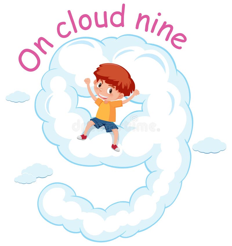 English Idiom with Picture Description for on Cloud Nine on White ...