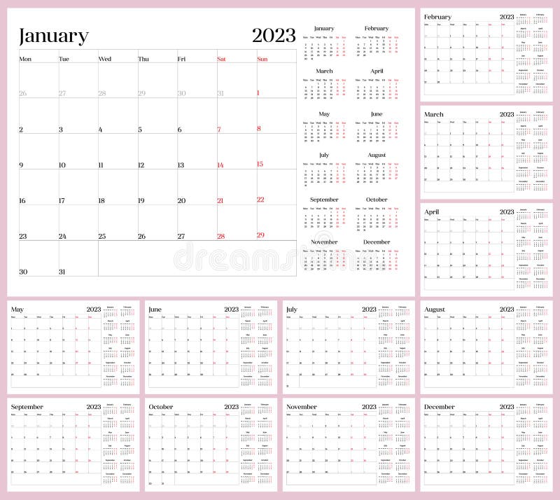 English Language Planer Calendar 2023, Week Starts with Monday Stock ...