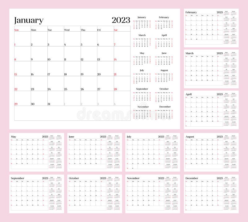 English Language Planer Calendar 2023, Week Starts with Sunday. Stock ...
