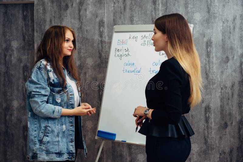 English Language School. Lesson, Teacher and Student Talking. Stock ...