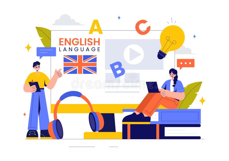 English Language Vector Illustration Featuring Students Studying ...